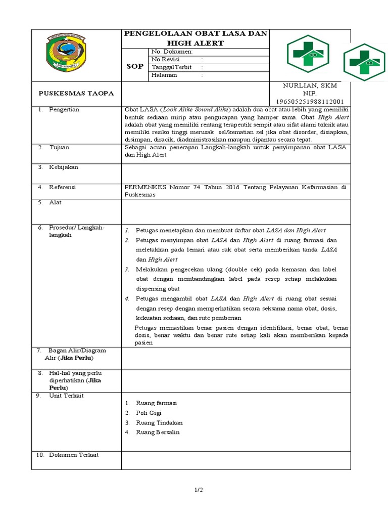 Sop Pengelolaan Obat Lasa Dan High Alert | PDF | Kesehatan Holistik