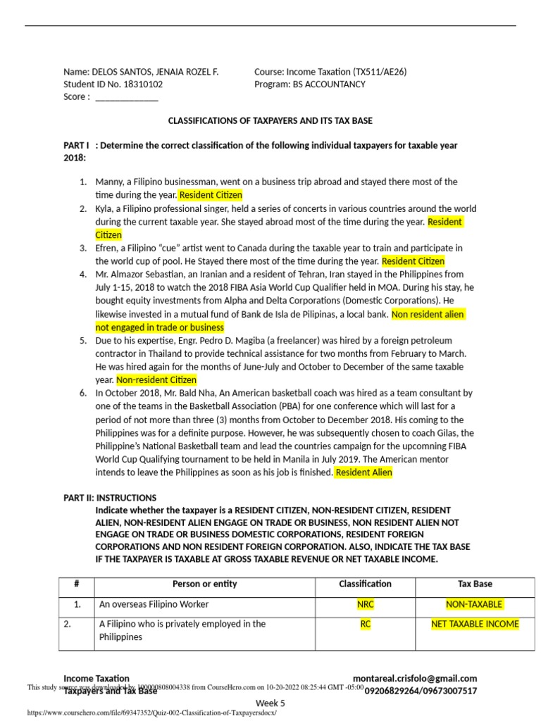 DELOS SANTOS Quiz 002 Classification of Taxpayers | PDF | Taxes | Taxpayer
