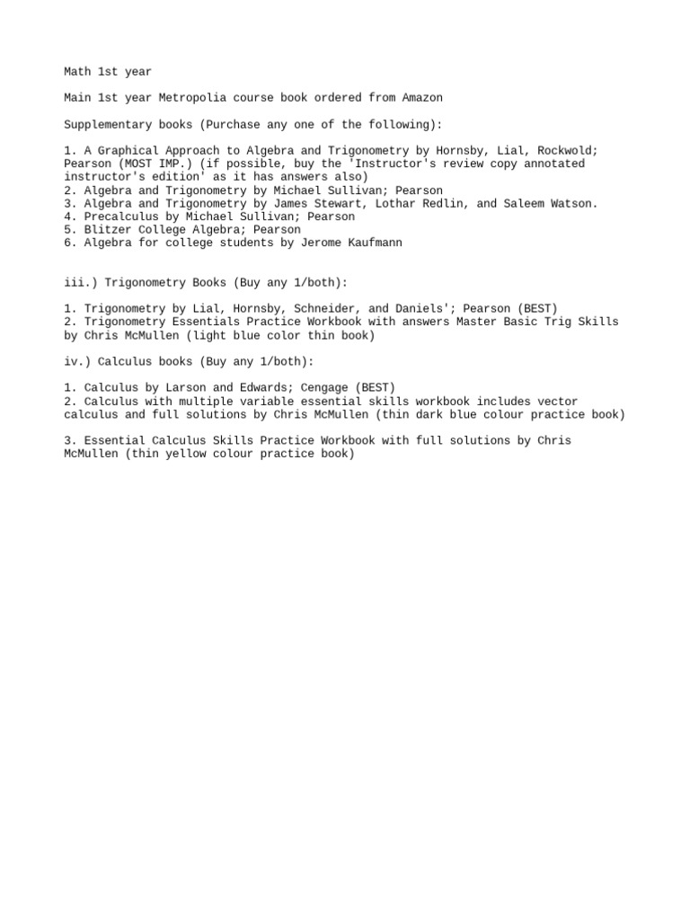 1st Year Mathematics Book List | PDF