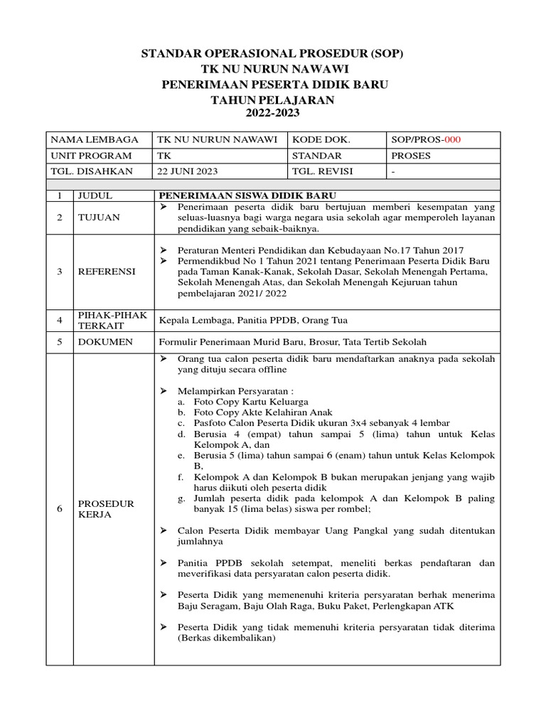 SOP Penerimaan Siswa Baru TK | PDF | Karier & Perkembangan