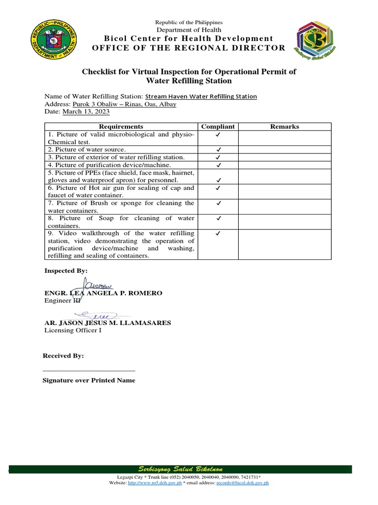 Inspection Checklist Stream Haven Water Refilling Station | PDF