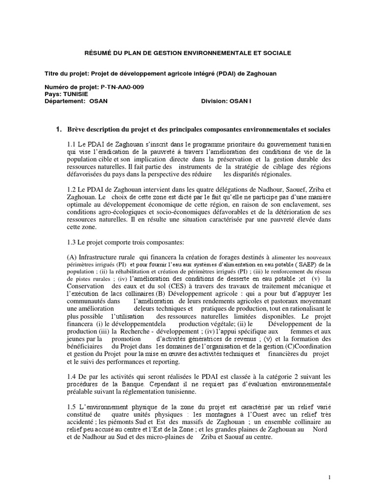 Gestion environnementale du PDAI de Zaghouan | PDF | Agriculture ...