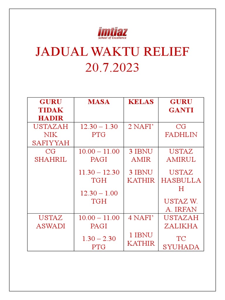 Jadual Waktu Relief | PDF