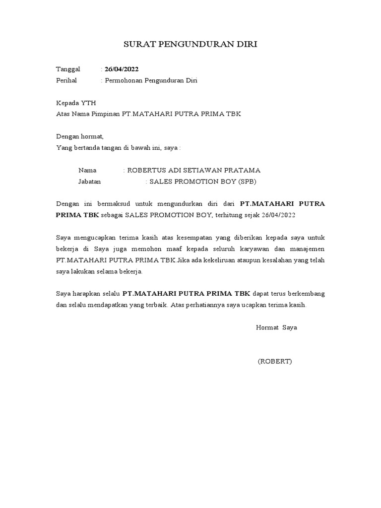 Surat Pengunduran Diri SPB | PDF | Karier & Perkembangan