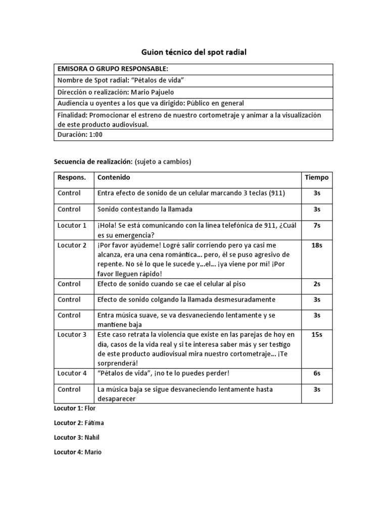 Guion Técnico Del Spot Radial | PDF
