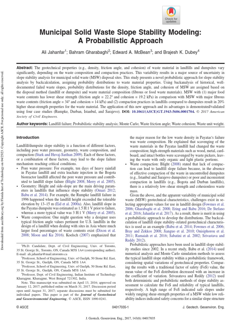 Municipal Solid Waste Slope Stability Modeling-A Probabilistic Approach ... Municipal Solid Waste Slope Stability Modeling-A Probabilistic Approach ...