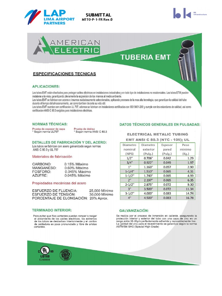 Ficha Técnica - TUBERIA EMT | PDF