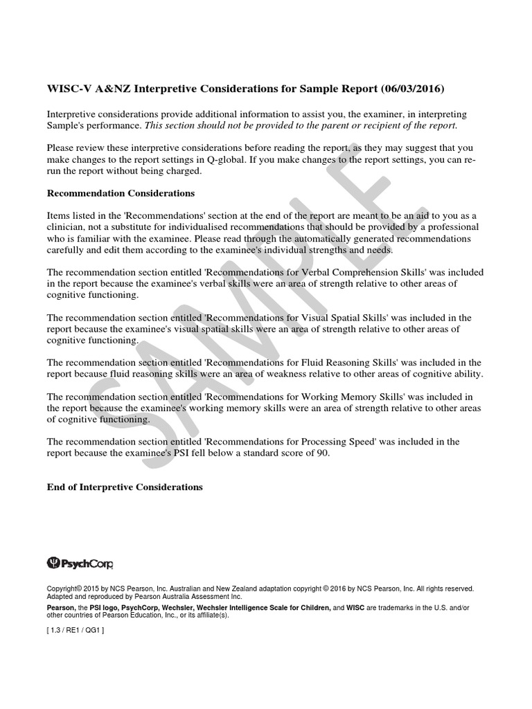 Wisc V Interpretive Sample Report | PDF | Wechsler Adult Intelligence ...