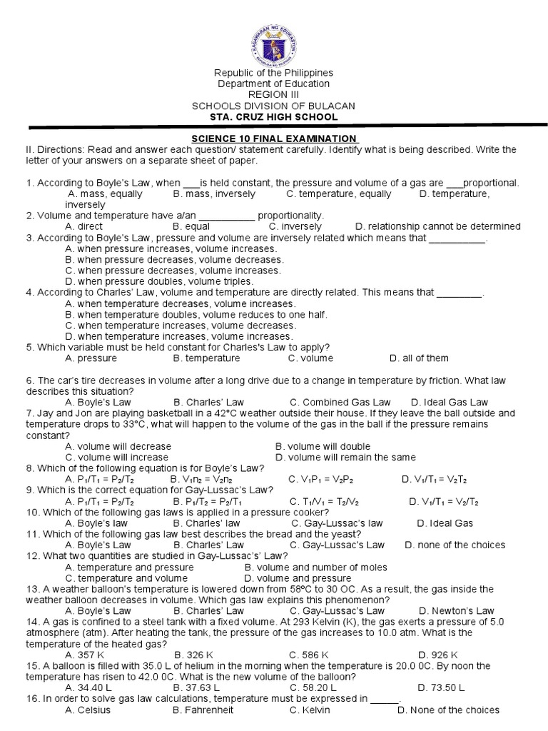Final Exam in Science 10 | PDF | Gases | Temperature