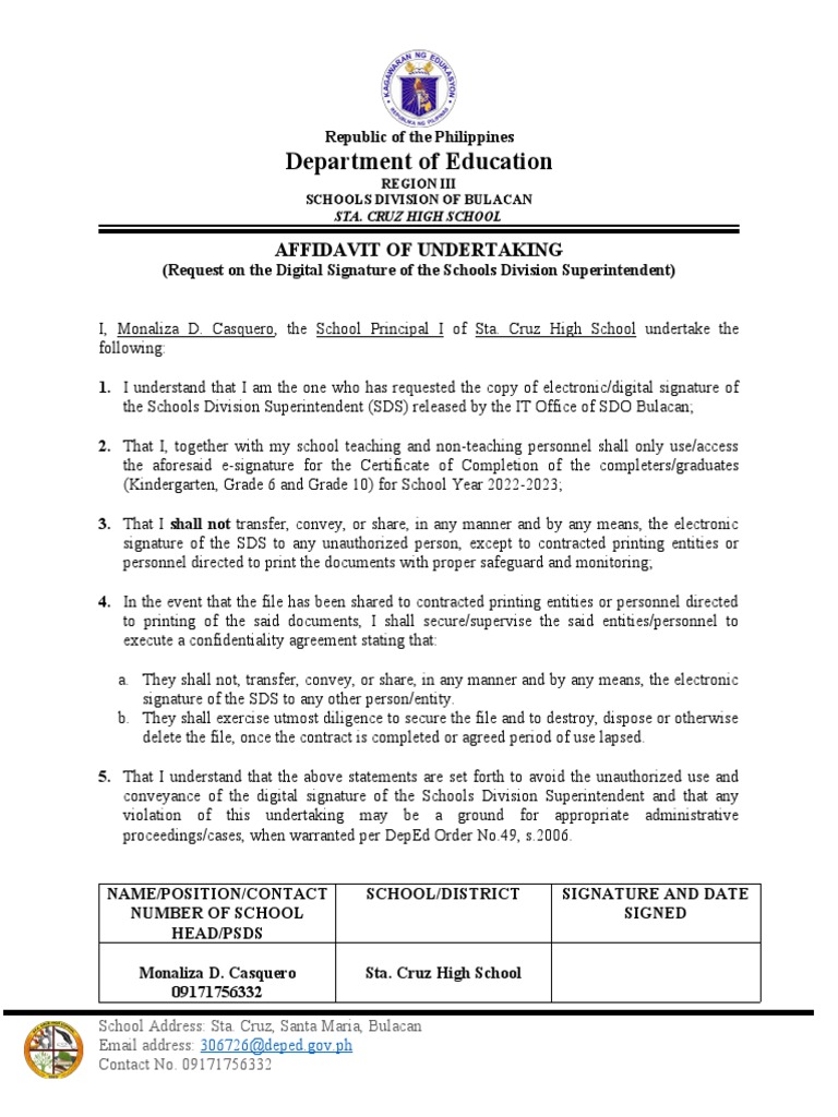 Affidavit of Undertaking On The Request of The Digital Signature of The ...