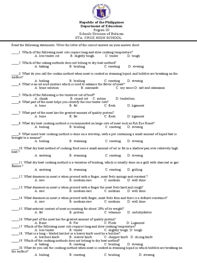 Tle 10 4TH Q Exam | PDF | Grilling | Cooking