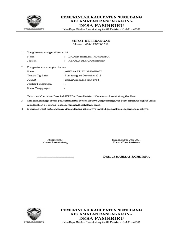Surat Keterangan JAMKESDA | PDF
