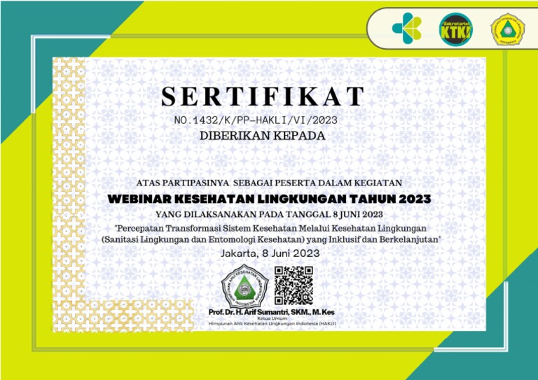 Sertifikat Webinar Kesehatan Lingkungan Tahun 2023-1 | PDF