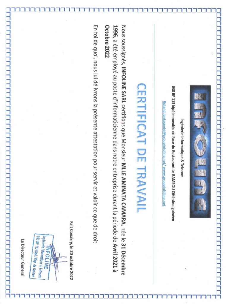 Mon Certificat de Travail Infoline | PDF