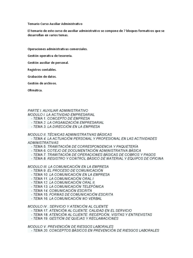 Temario Curso Auxiliar Administrativo | PDF | Windows 7 | Microsoft PowerPoint