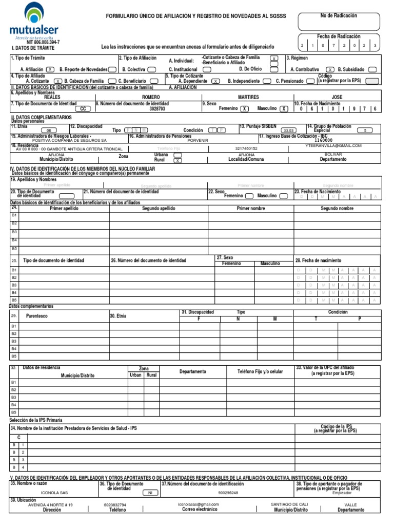 Formulario Único de Afiliación Y Registro de Novedades Al Sgsss | PDF