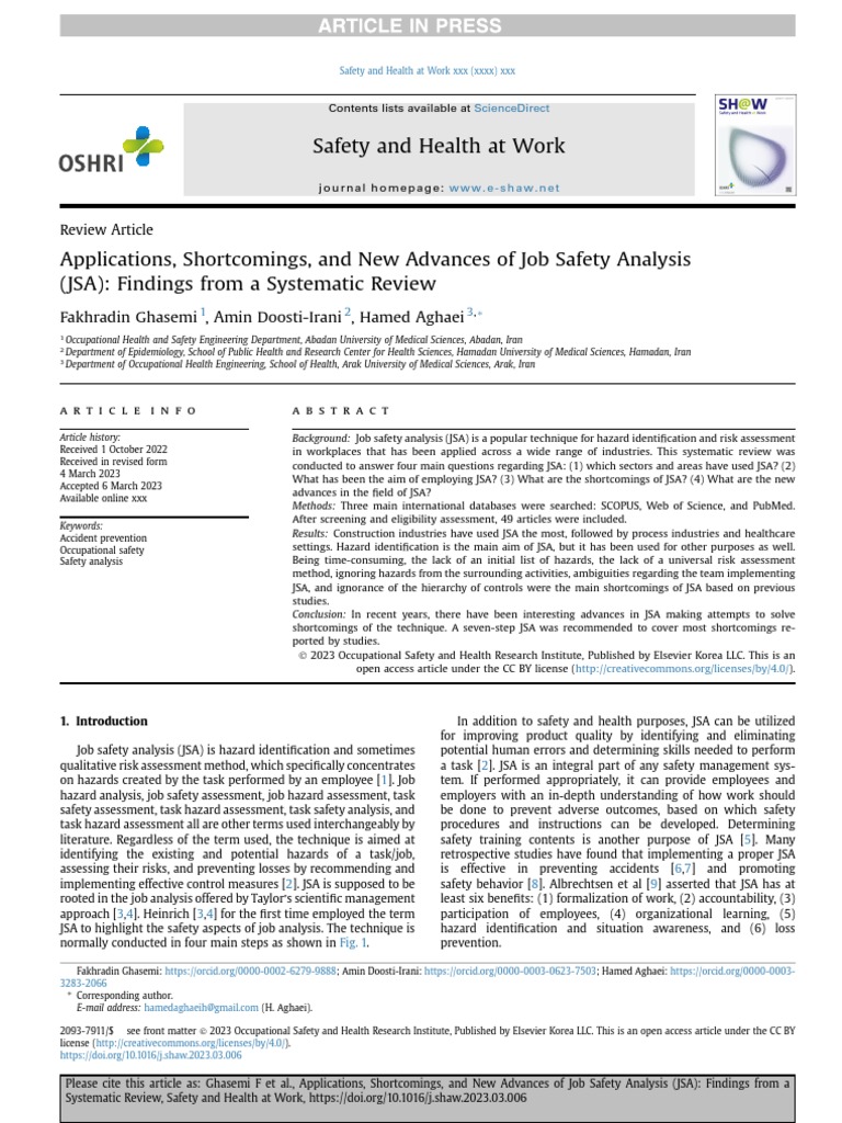 Applications, Shortcomings, and New Advances of Job Safety Analysis ...