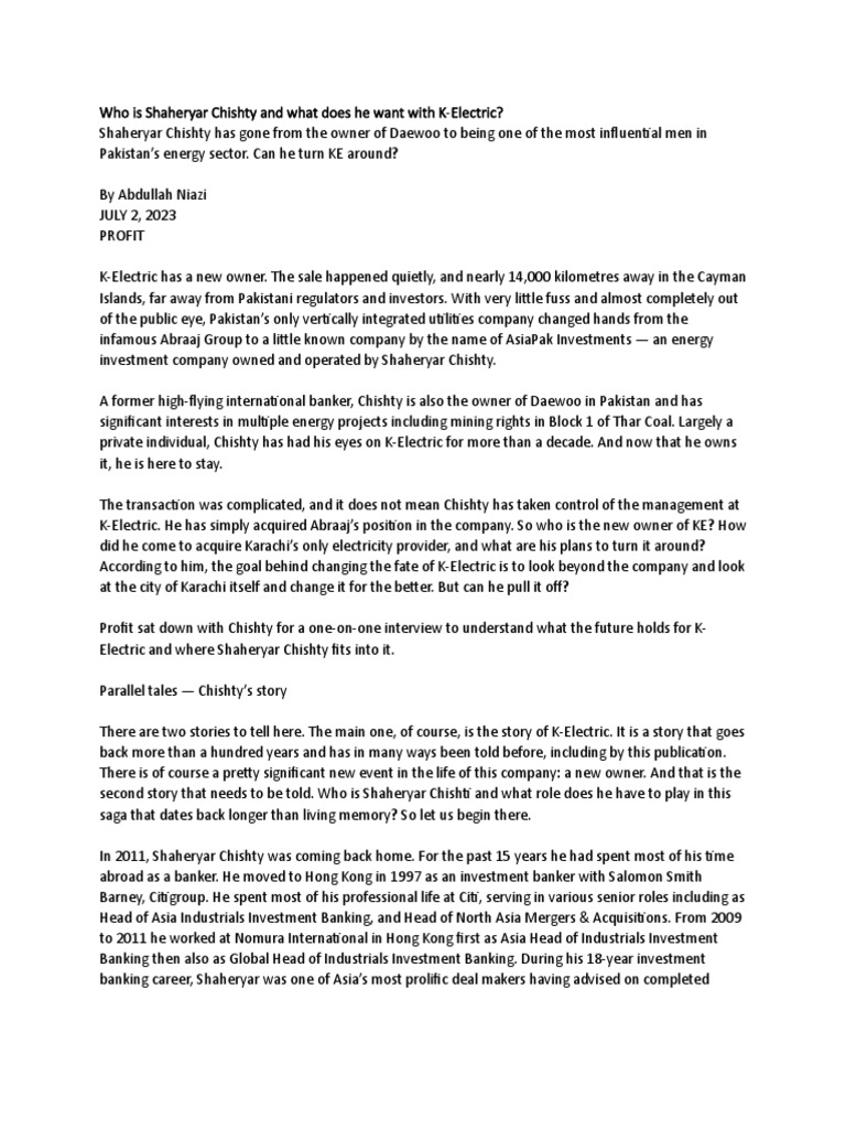 Shaheryar Chishty: K-Electric's New Owner | PDF | Coal | Economies