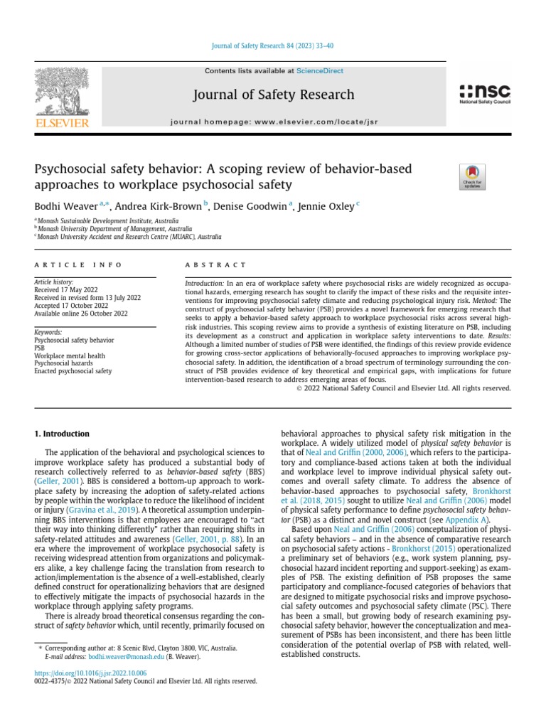 Psychosocial Safety Behavior - A Scoping Review of Behavior-Based Approaches To Workplace ...