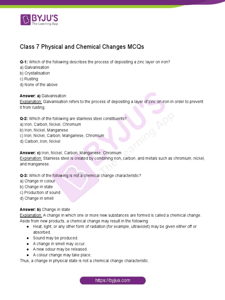 Class 7 Physical and Chemical Changes MCQs | PDF | Rust | Water