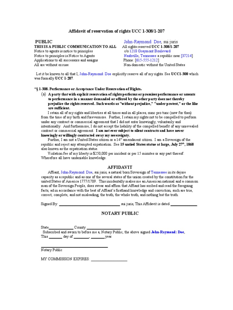Affidavit of Reservation of Rights UCC 1 | PDF | Affidavit | Government