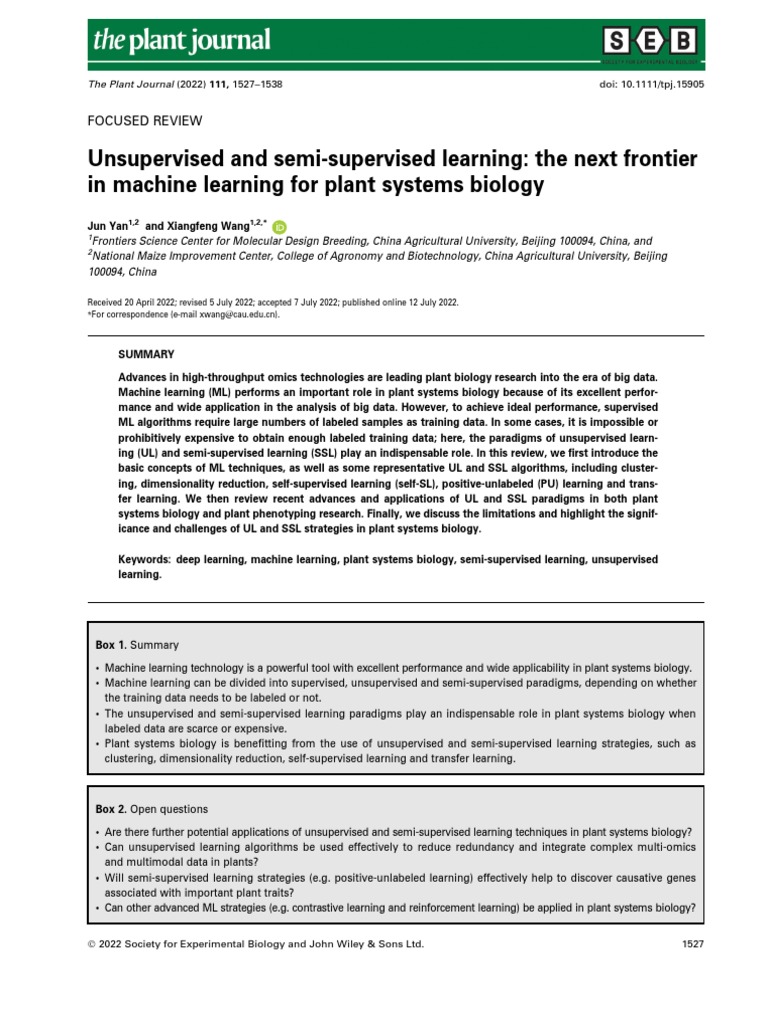 The Plant Journal - 2022 - Yan - Unsupervised and Semi Supervised Learning The Next Frontier in ...