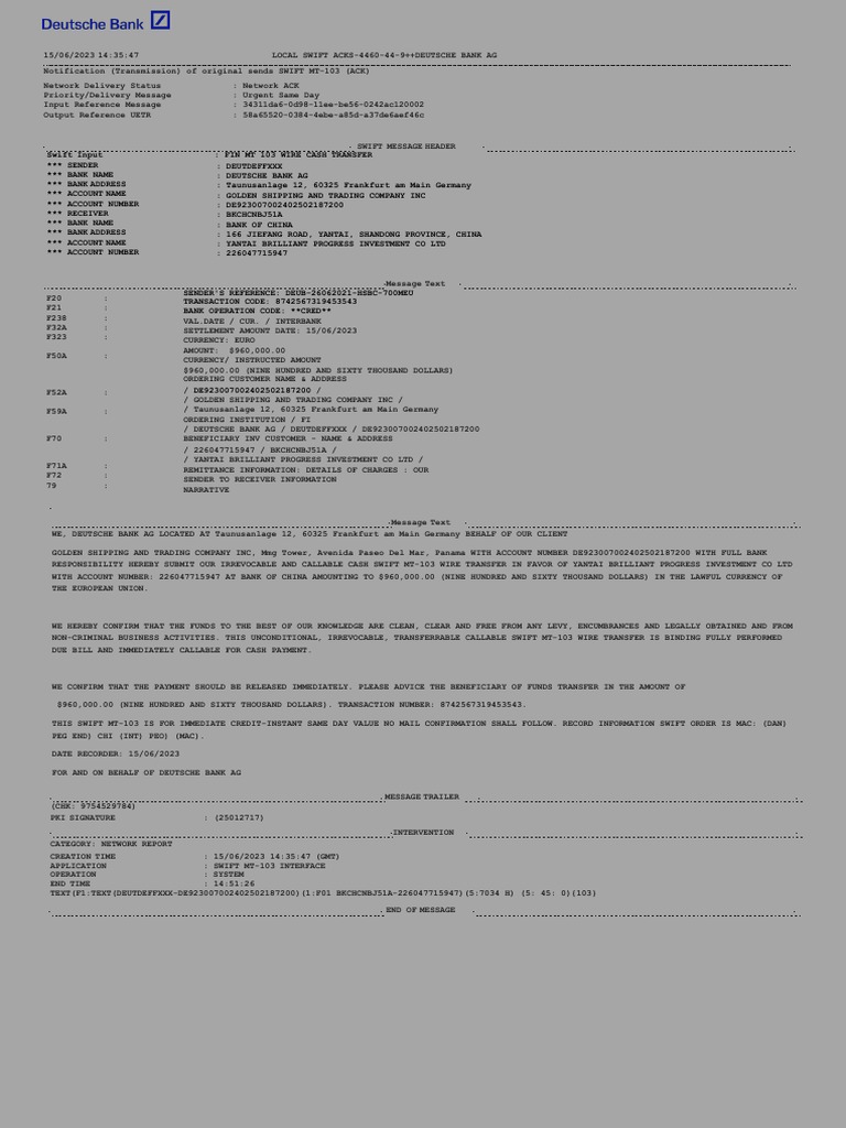 SWIFT MT-103 Transfer for Golden Shipping | PDF | Wire Transfer ...