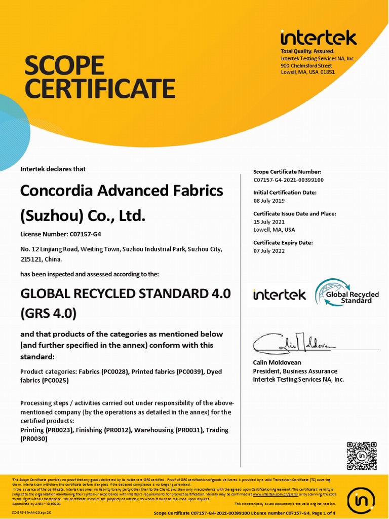 GRS Certification for Concordia Fabrics | PDF | Textiles | Certification