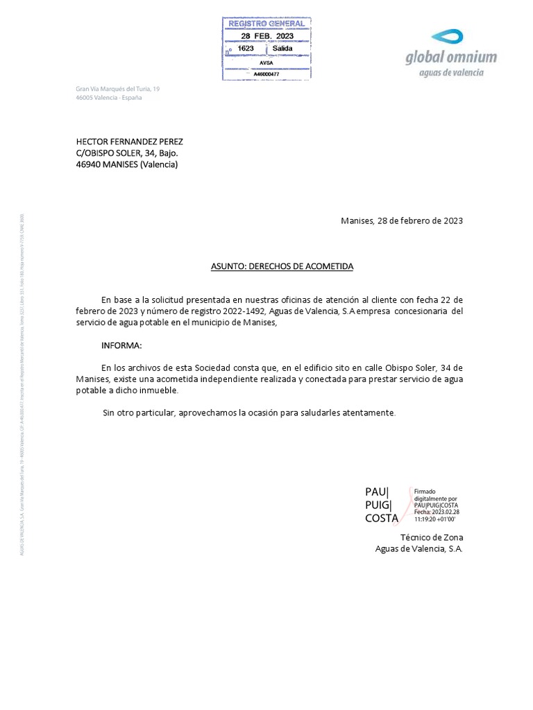 R.S 2023 1623 Informe Acometida Manises | PDF