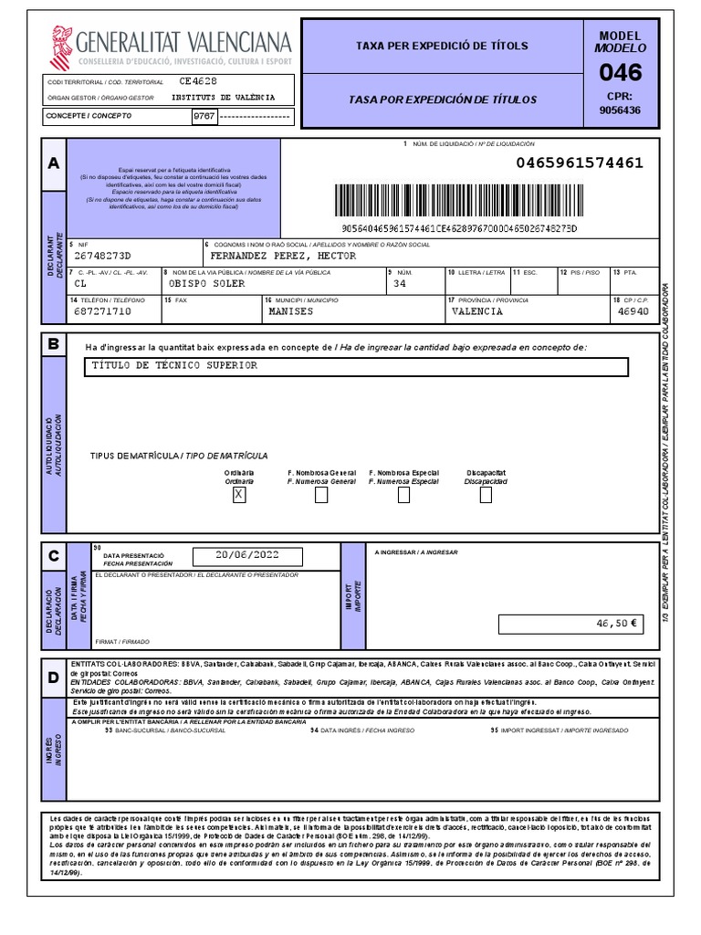 Modelo 046 Tituló Grado Superior | PDF | Inversores institucionales | Servicios financieros