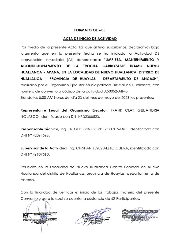 Formato OE-05 (Acta de Inicio) Nvo Huallanca | PDF