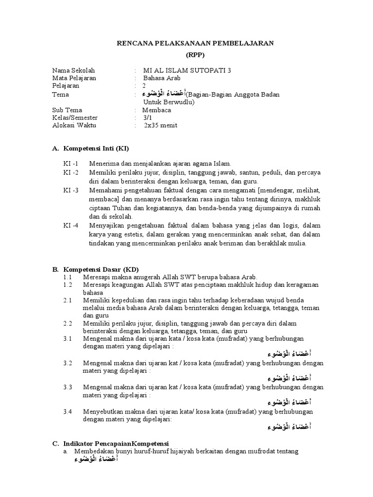 RPP Bahasa Arab Kelas 3 Semester 1 Tema 2 | PDF
