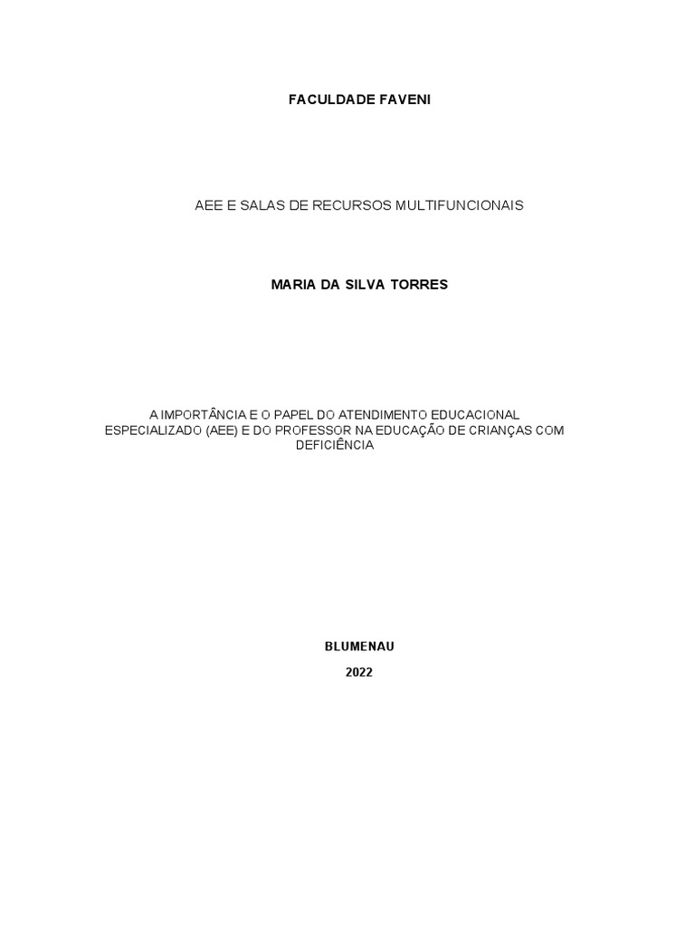 TCC Maria Torres AEE 2022 Revisado | PDF | Inclusão (Educação ...