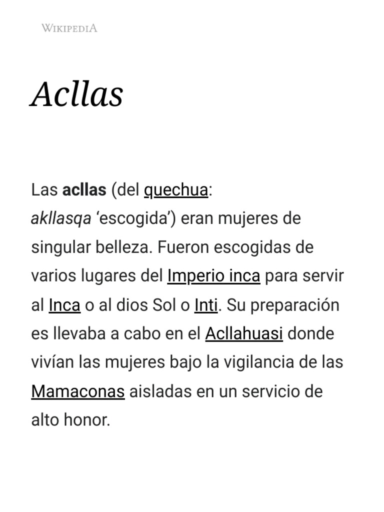 Acllas - Wikipedia, La Enciclopedia Libre | PDF | Andes | Pueblos ...