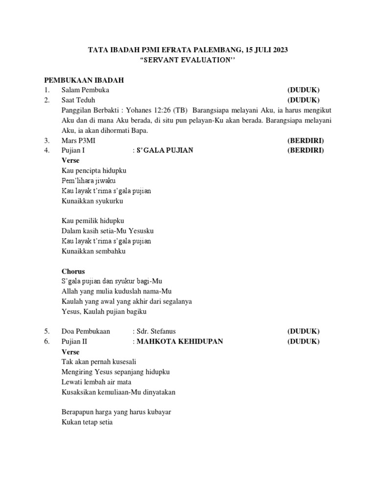 Tata Ibadah P3mi Efrata Palembang 15 7 2023 | PDF | Agama & Spiritualitas