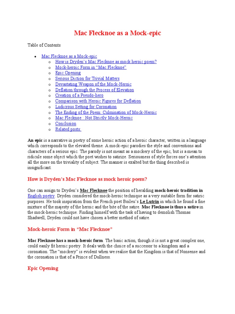 Mac Flecknoe: A Mock-Heroic Analysis | PDF | Poetry | English Poetry