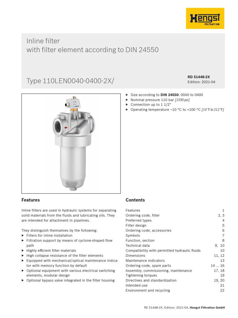 Inline Filter With Filter Element According To DIN 24550: Features ...