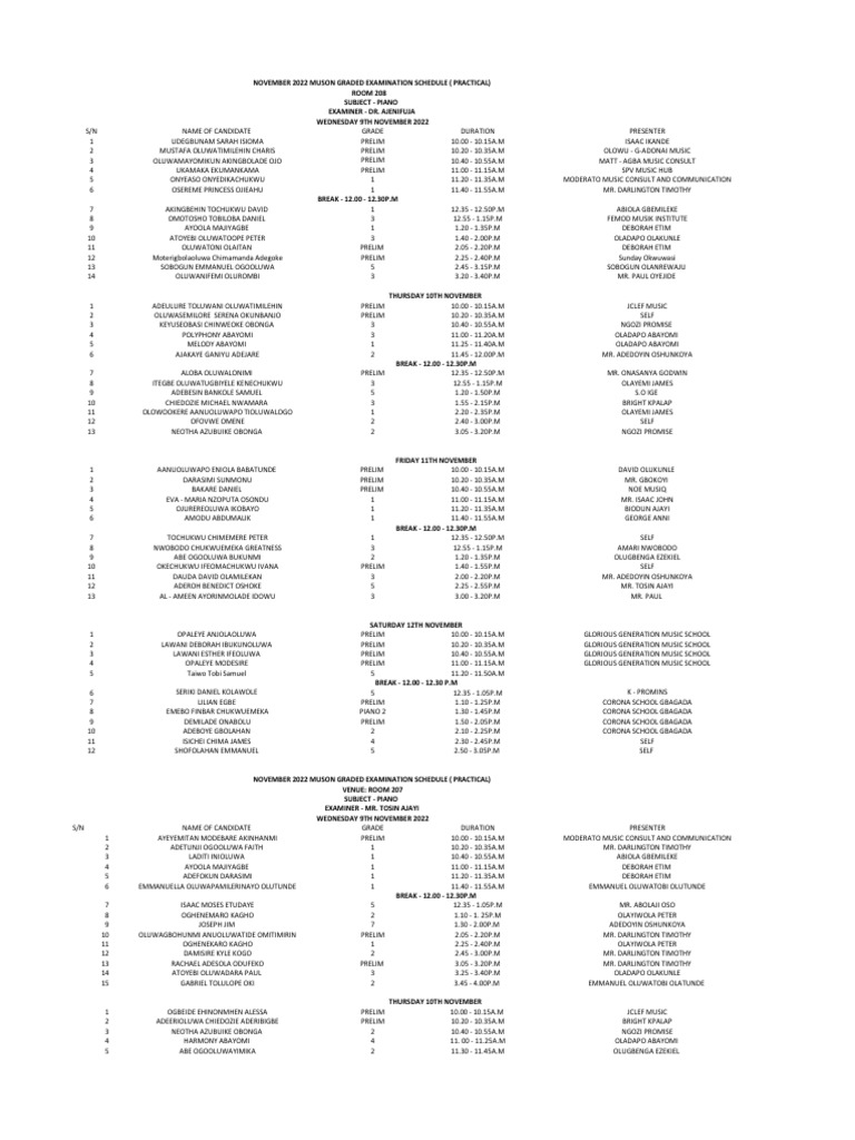 Schedules For Muson Graded Examination Nov. 2022practical | PDF ...