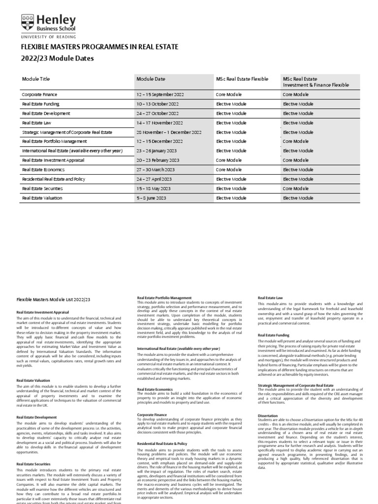 2022 2023 Flexible Msc Programme Module Schedule Pdf Real Estate