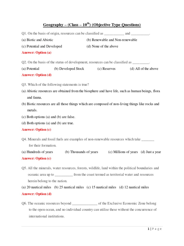 Geography - (Class - 10th) (Objective Type Questions) - 085956 ...