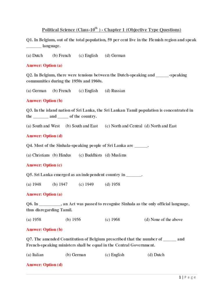 Political Science - (Class-10th) Objective Questions - 083313 | PDF | Sri Lanka | Belgium
