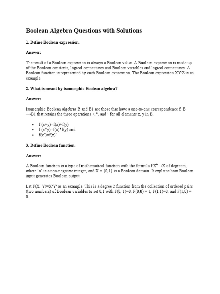 Boolean Algebra Questions With Solutions | PDF | Boolean Algebra ... Boolean Algebra Questions With Solutions | PDF | Boolean Algebra ...