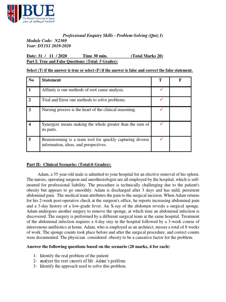 Quiz Model Answer | PDF | Surgery | Nursing