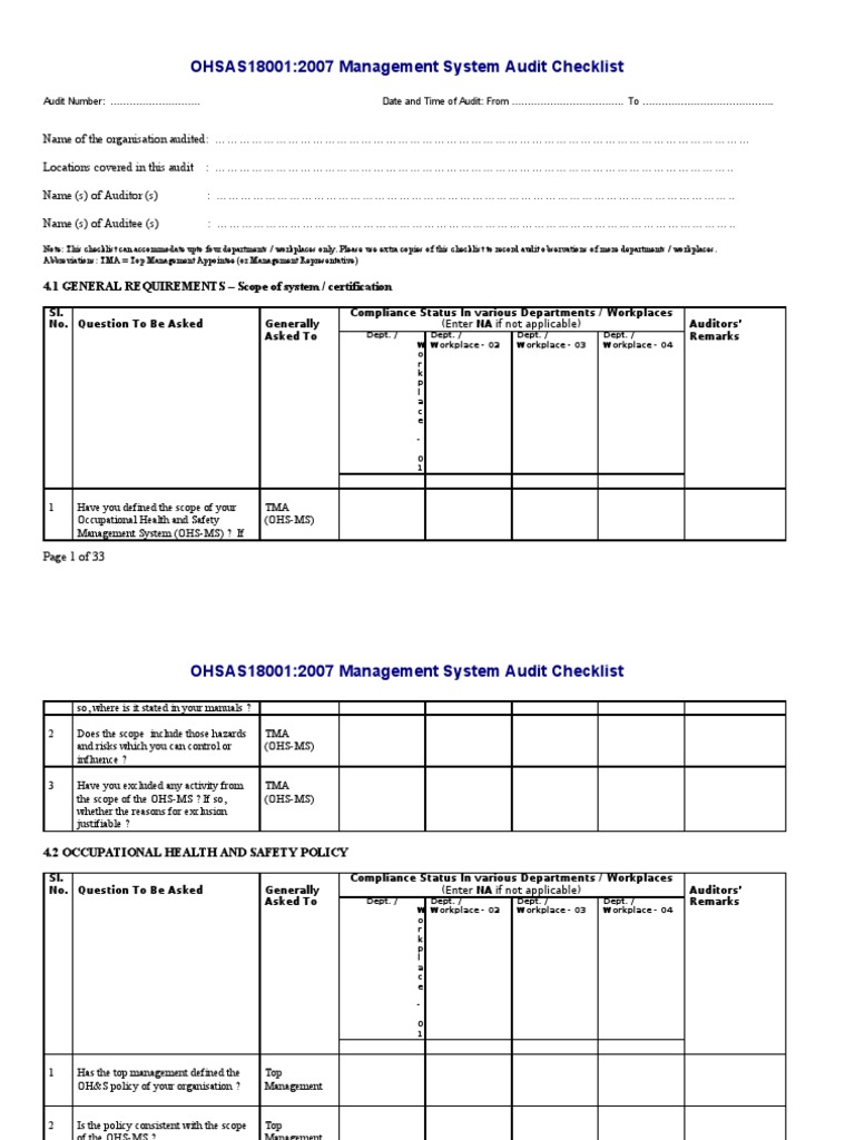 Ohs As 18001 2007 Audit Checklist | PDF | Audit | Internal Audit