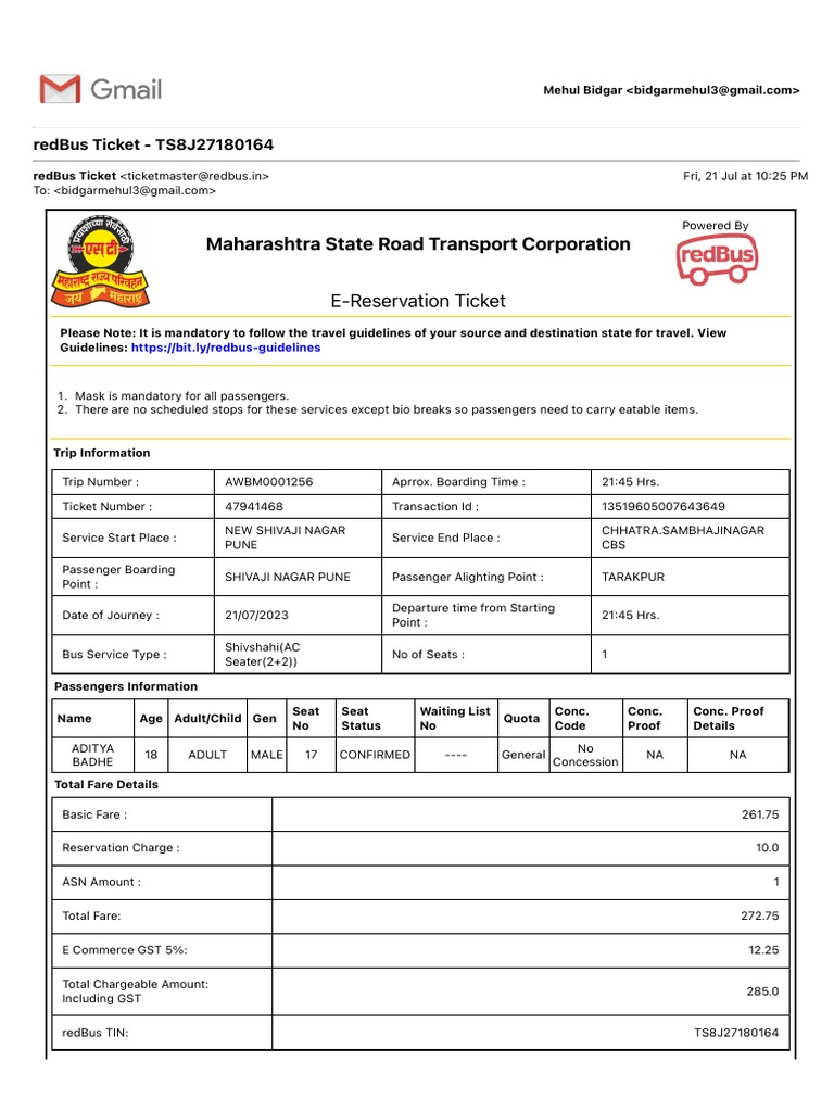 Redbus Ticket - TS8J27180164 | PDF | Fare | Public Transport