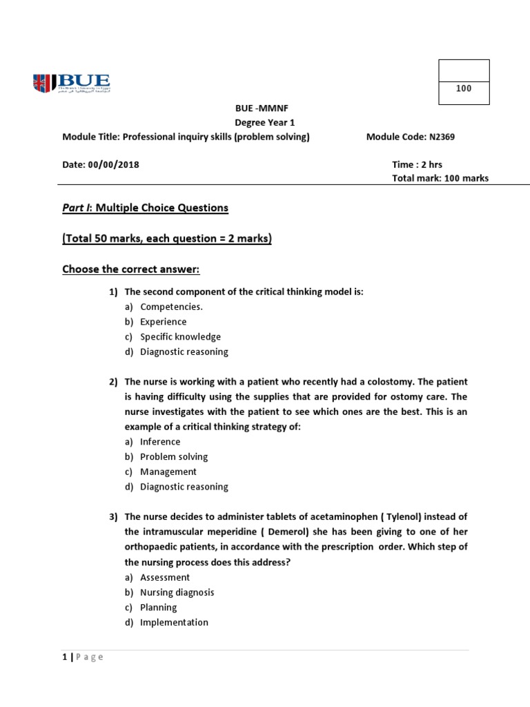 Final Exam Paper Problem Solving 2017-2018 (4) | PDF | Nursing ...