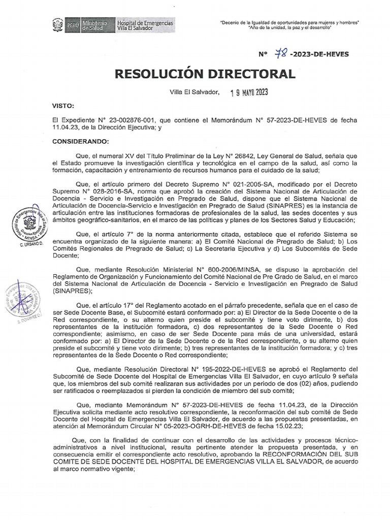 RD N°078-2023-De-Heves Recomfomacion de Sub Comite Sede Docente | PDF