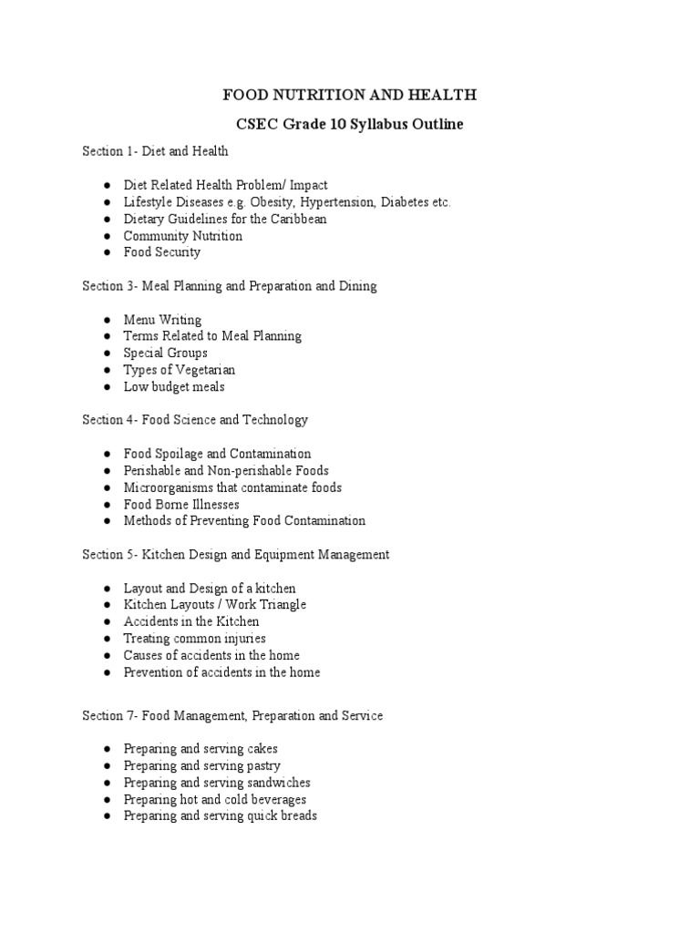 CSEC Food Nutrition and Health Syllabus | PDF | Diet & Nutrition | Diet ...