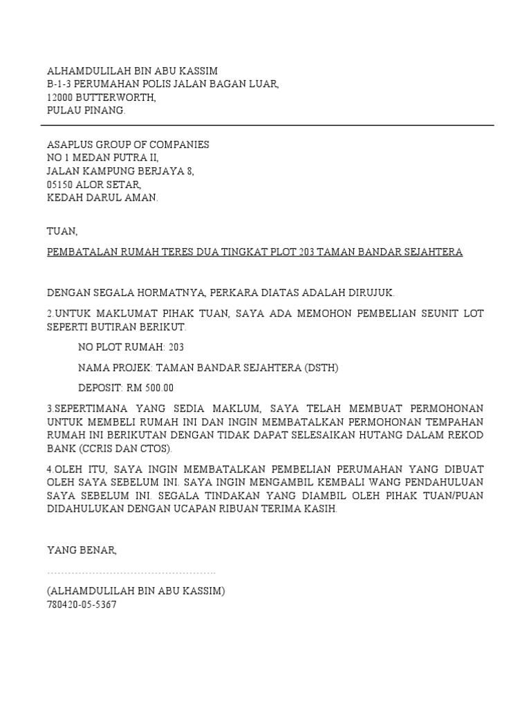 Alhamdulilah Bin Abu Kassim Cancellation Letter Plot 203 Taman Bandar Sejahtera | PDF