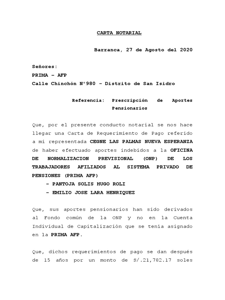 Carta Notarial-Afp Prima | PDF | Estatuto de limitaciones